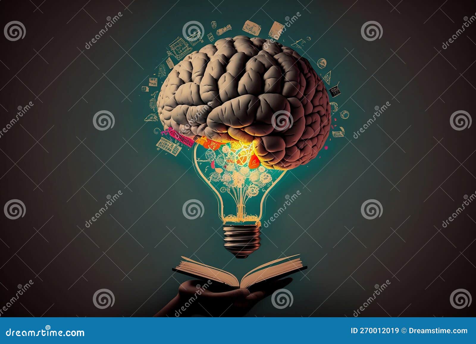 Conceptual Art Collage of Hands Holding a Light Bulb Which Appears a Brain Full of Ideas and ...
