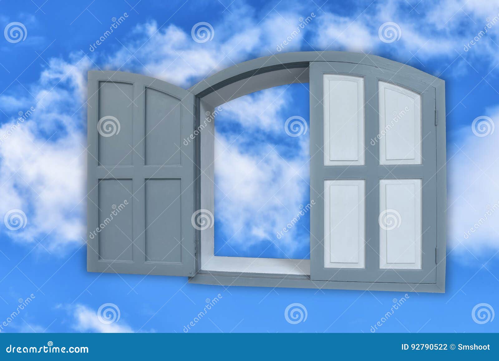 Conceptual Art: Grey Window Left Ajar on Blue Sky Stock Photo - Image ...