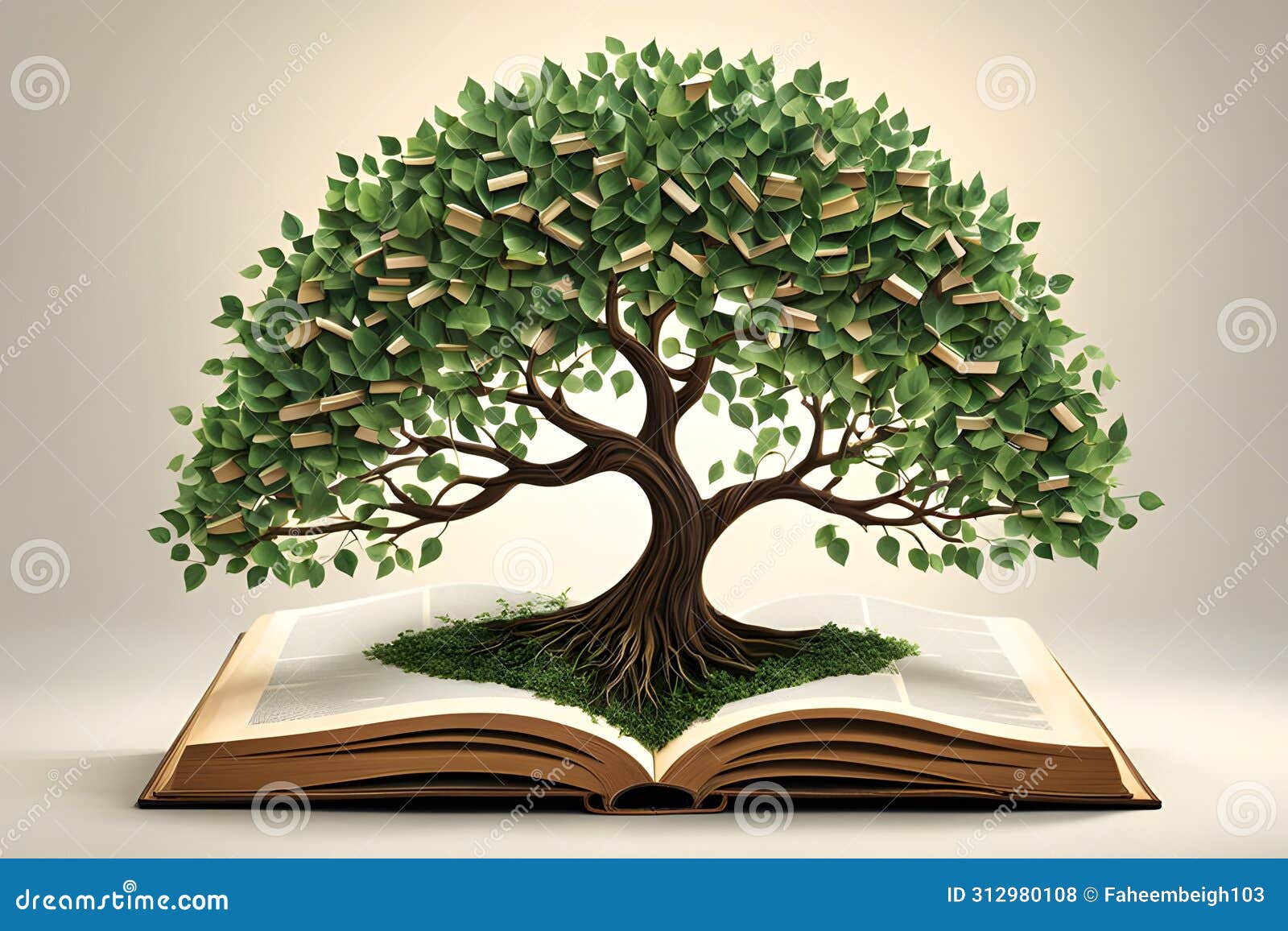Conceptual Art of a Tree with Book Leaves Sprouting from an Open Book ...