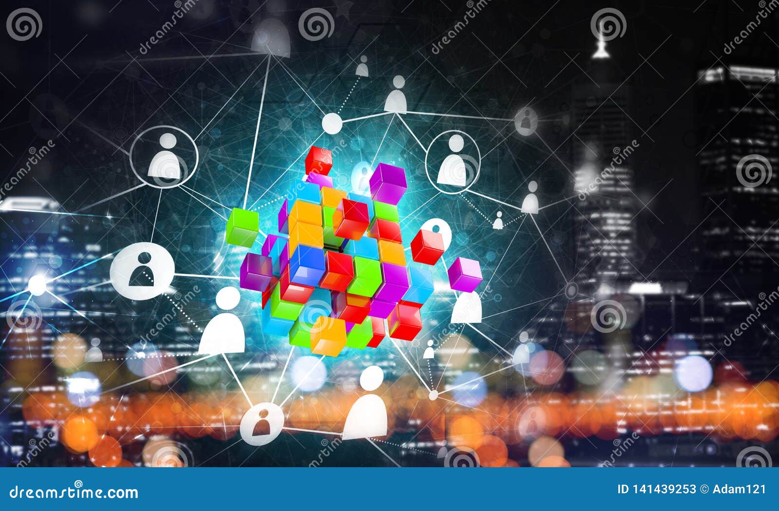 Concept of Internet and Networking with Digital Cube Figure on Dark ...