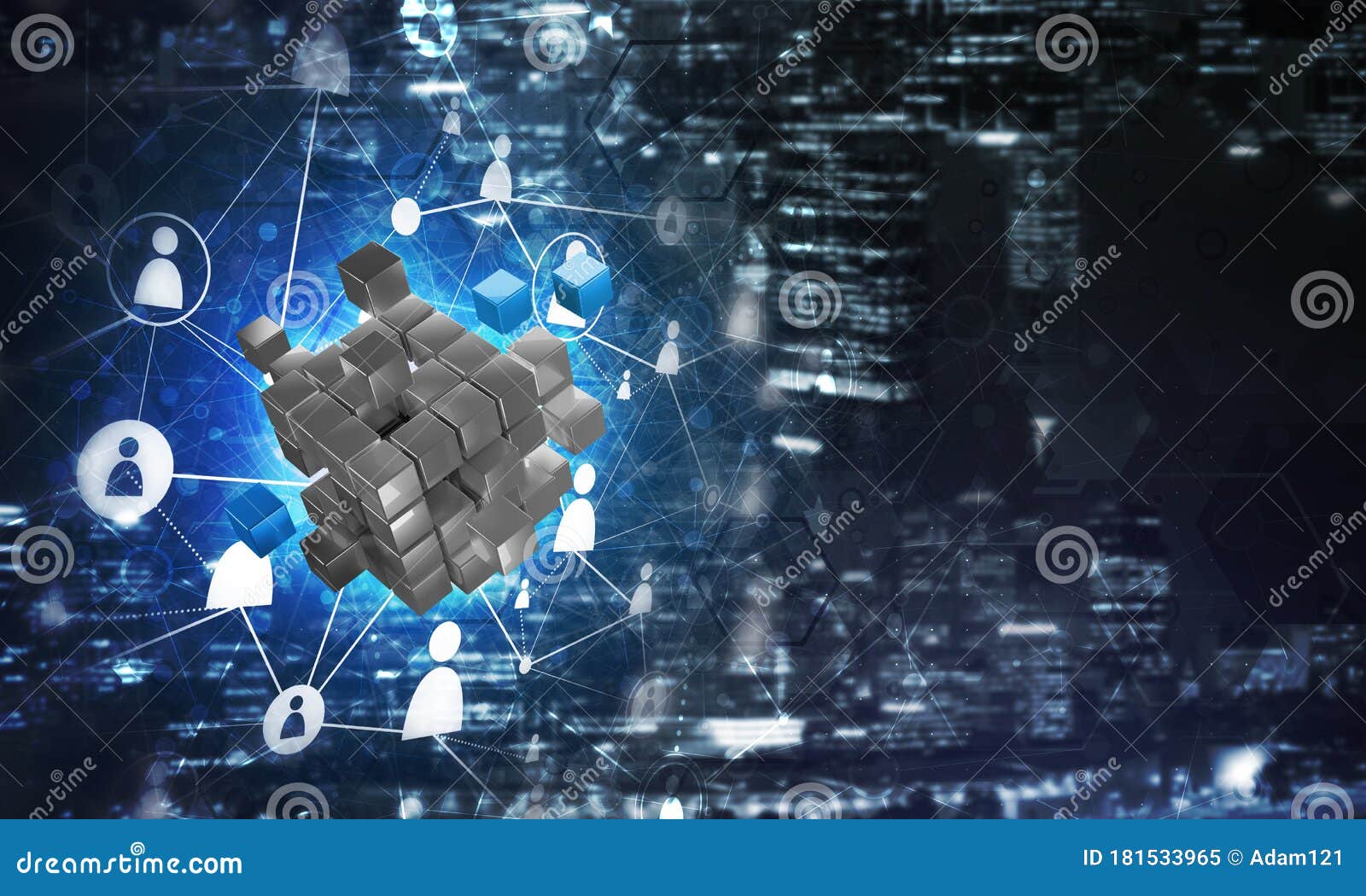 Concept of Internet and Networking with Digital Cube Figure on Dark ...