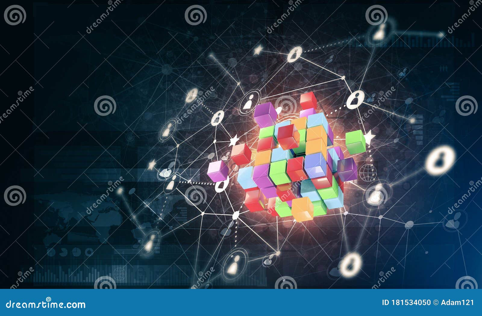 Concept of Internet and Networking with Digital Cube Figure on Dark ...