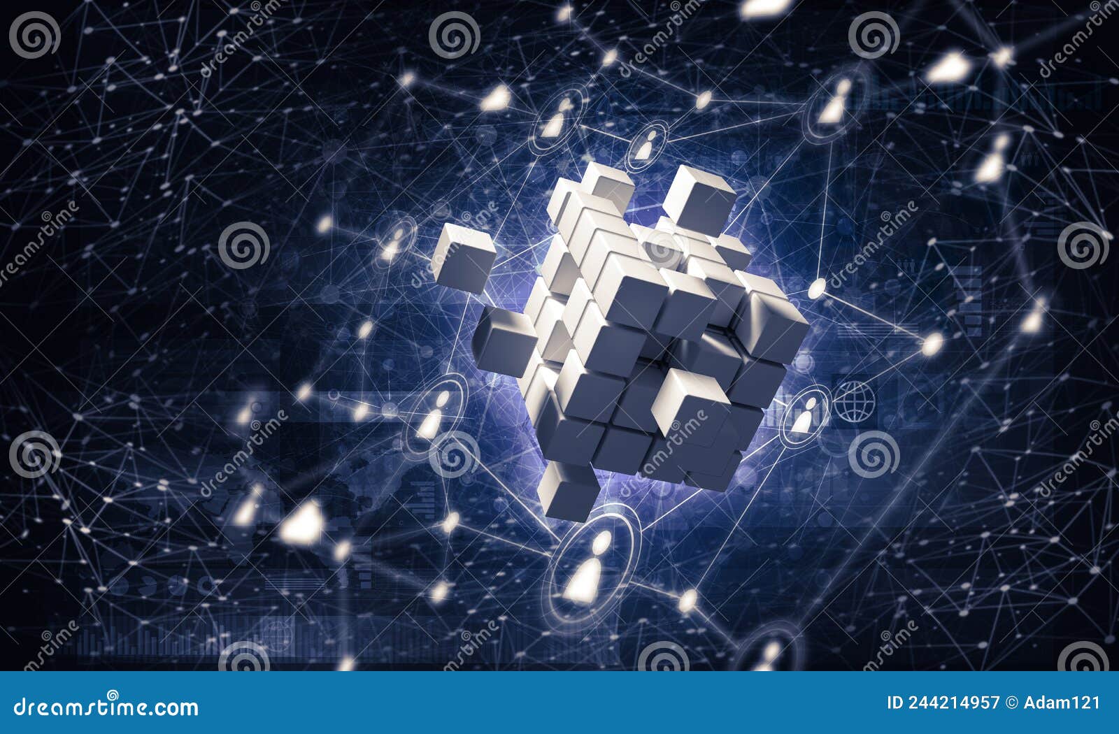 Concept of Internet and Networking with Digital Cube Figure on Dark ...