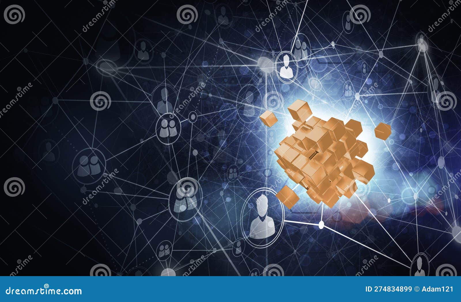 Concept of Internet and Networking with Digital Cube Figure on Dark ...