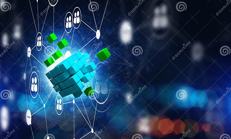 Concept of Internet and Networking with Digital Cube Figure on Dark Background Stock ...