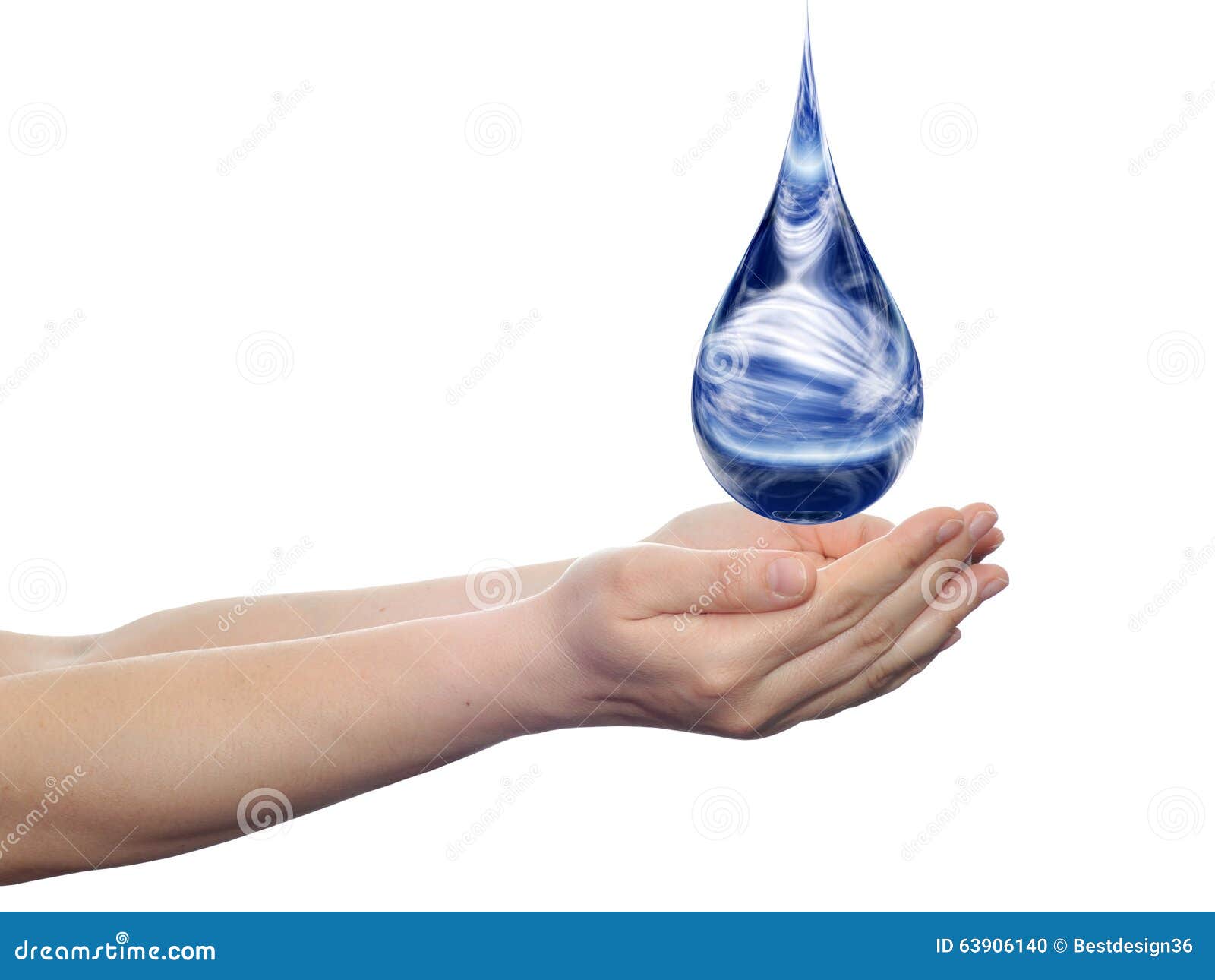 Conceptual Blue Water Drop Falling in Hands Isolated Stock Photo ...