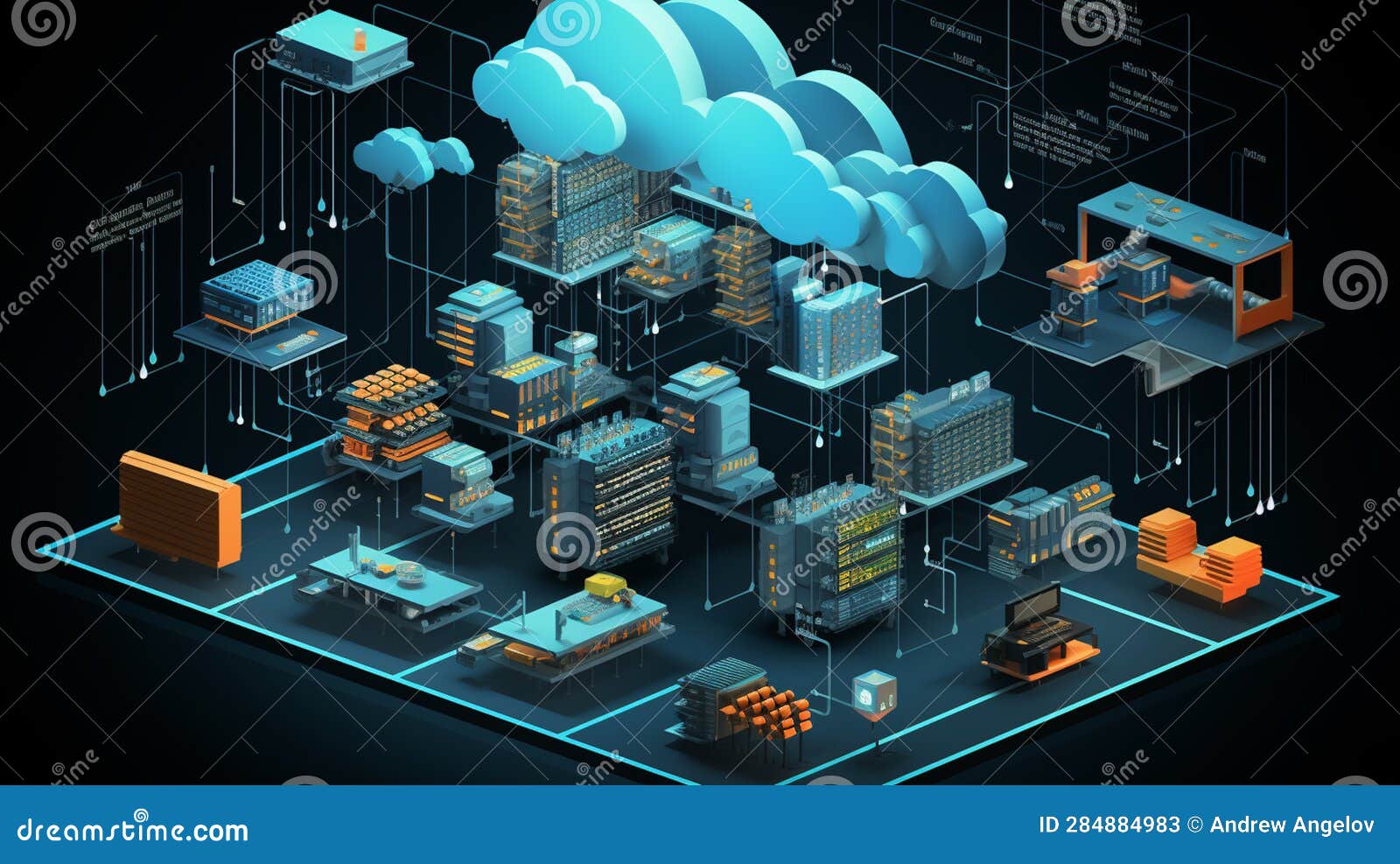 Conceptual Cloud Computing and Data Storage Technology for Future Innovation . 3D Render ...
