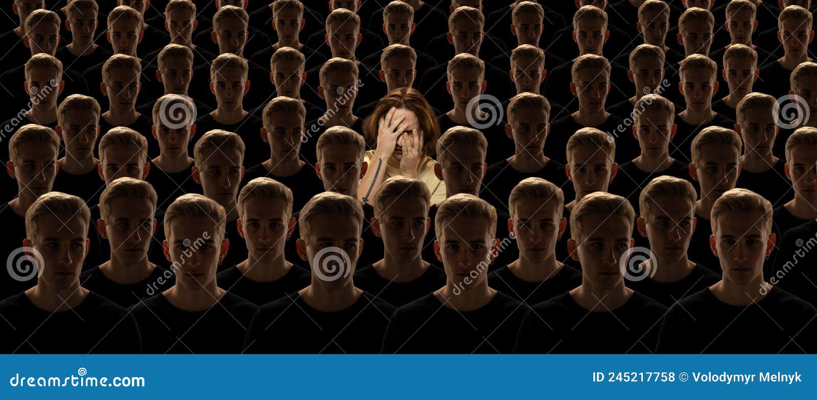 Conceptual Creative Collage with Grey Crowd of Identical People and ...