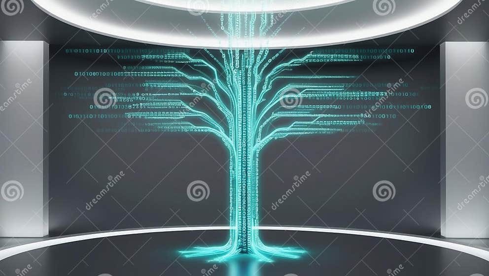 Conceptual Digital Tree Made of Glowing Binary Code Streams Symbolizes AI Growth and ...