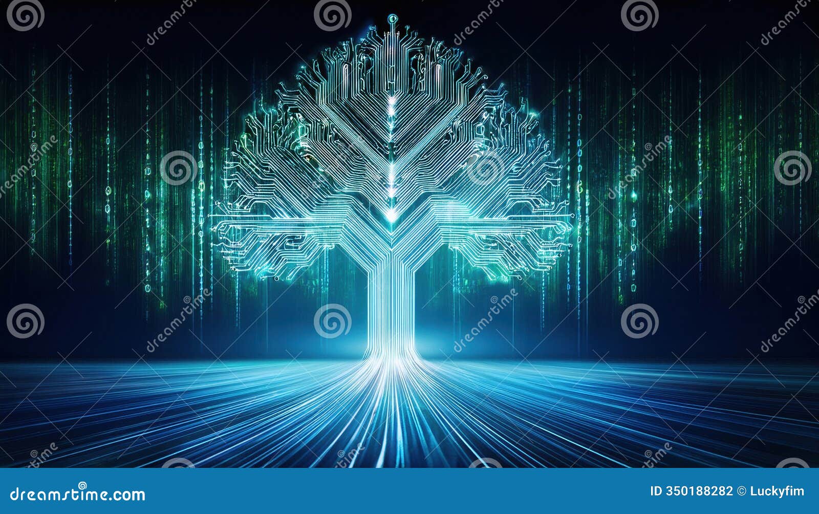 Conceptual Digital Tree Made of Glowing Binary Code Streams, Symbolizing AI Growth and ...