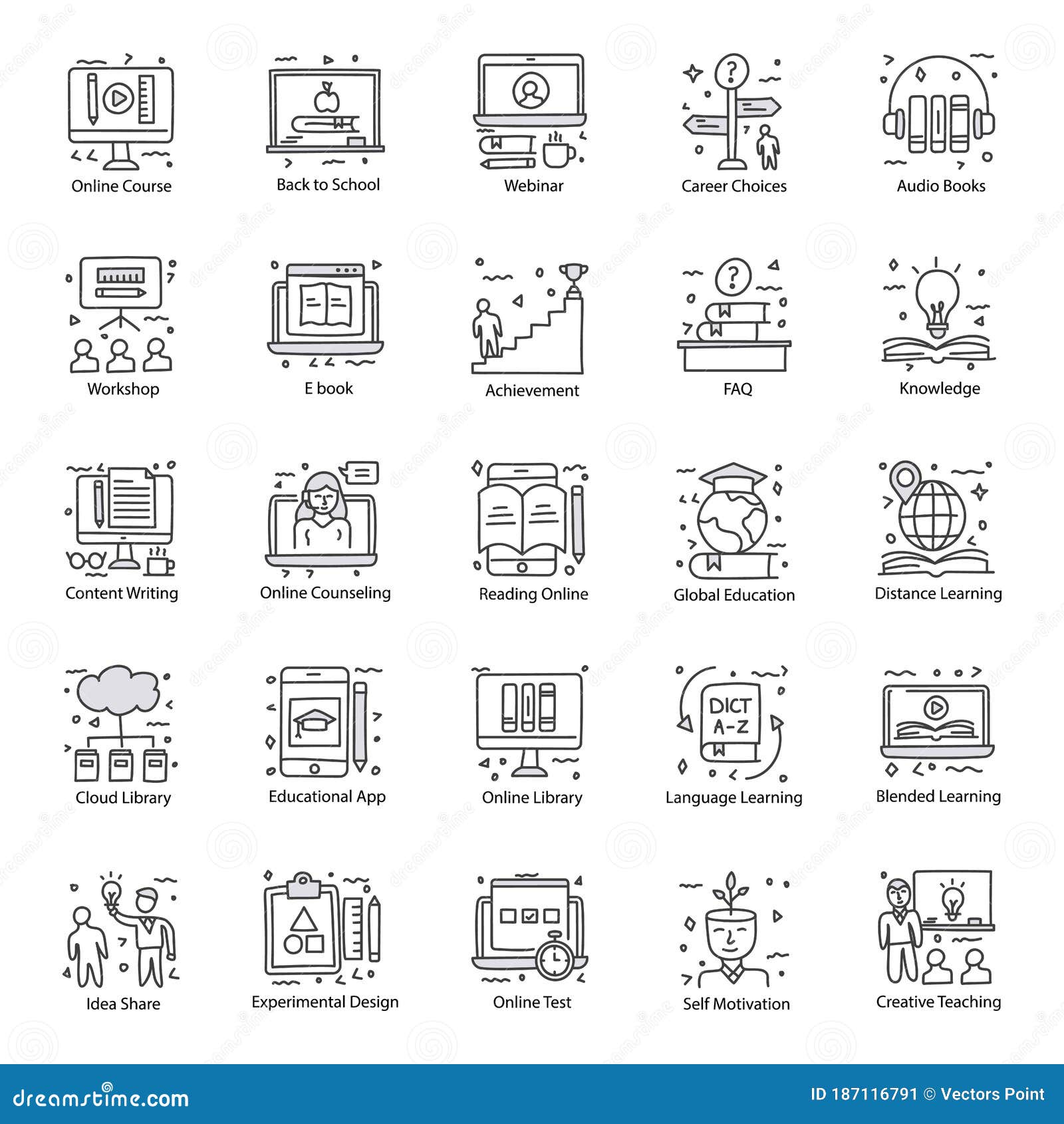 Pack of Elearning Doodle Icons Stock Vector - Illustration of ...