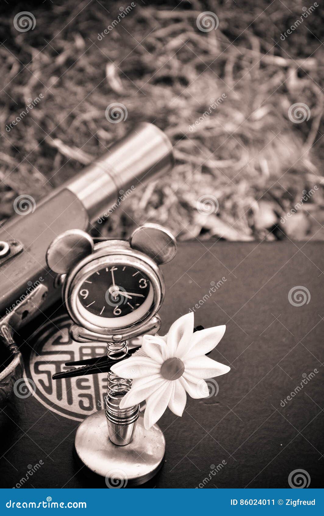 Conceptual Flower Time Clock Gun Sepia Stock Image - Image of passing ...