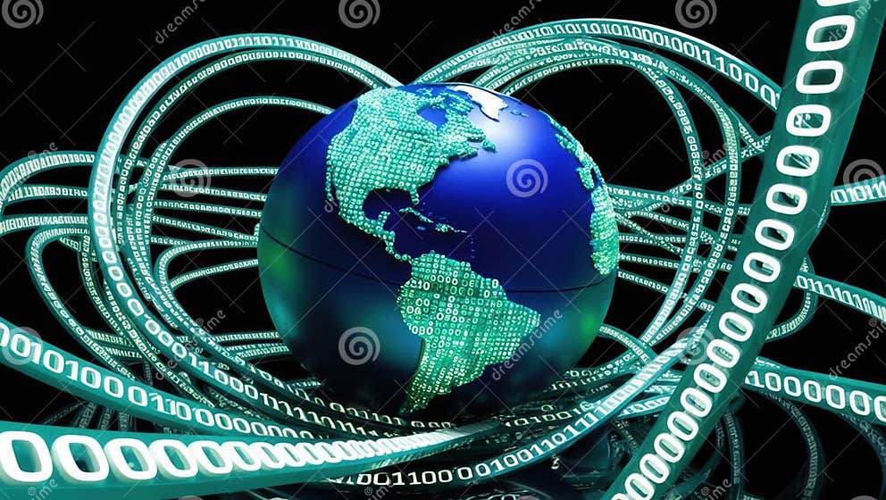 Conceptual Globe Representing Global Intelligence Surrounded by Binary Code Streams, Symbolizing ...