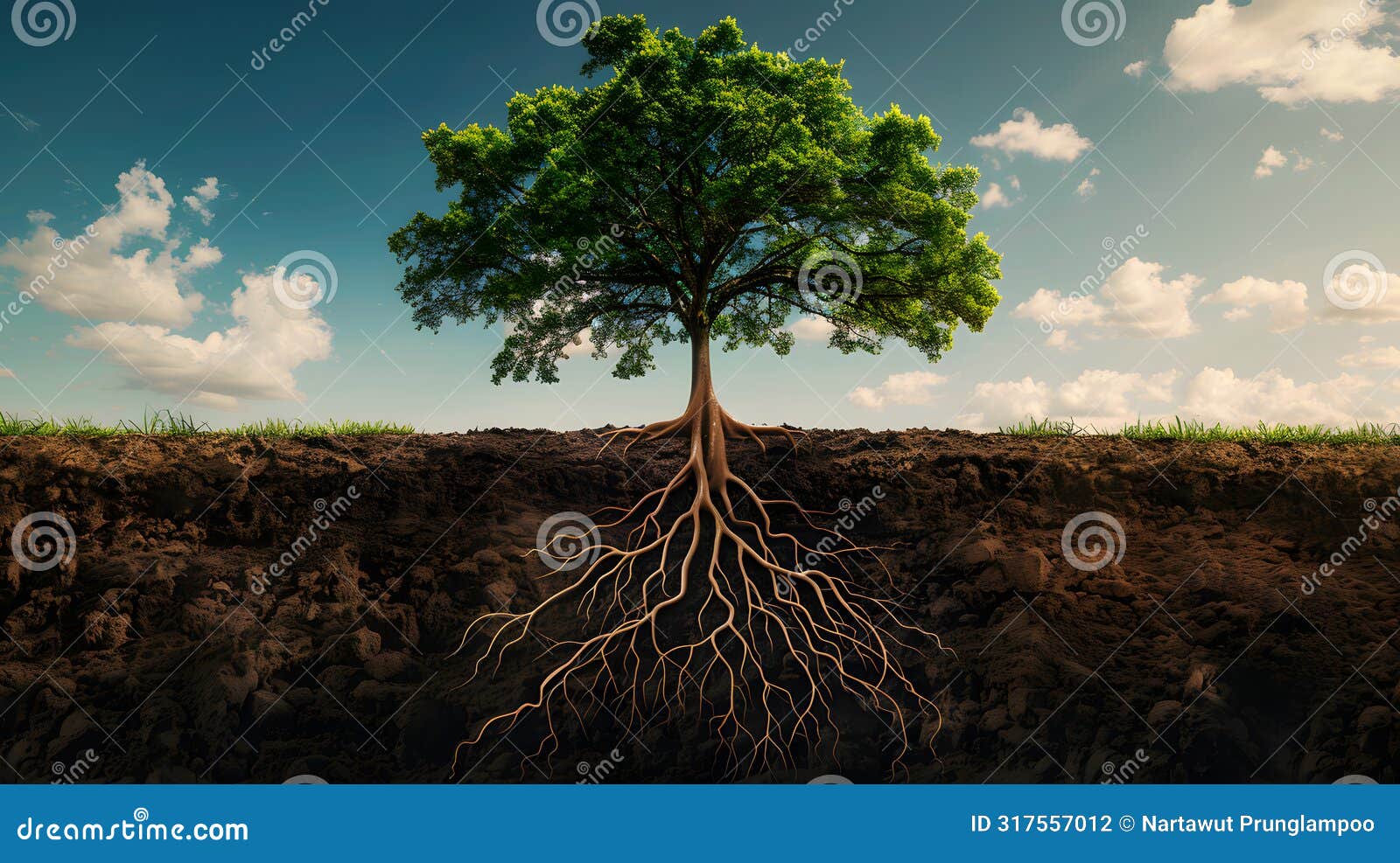 Conceptual Green Tree with Roots Growing Out of Soil on Blue Sky ...