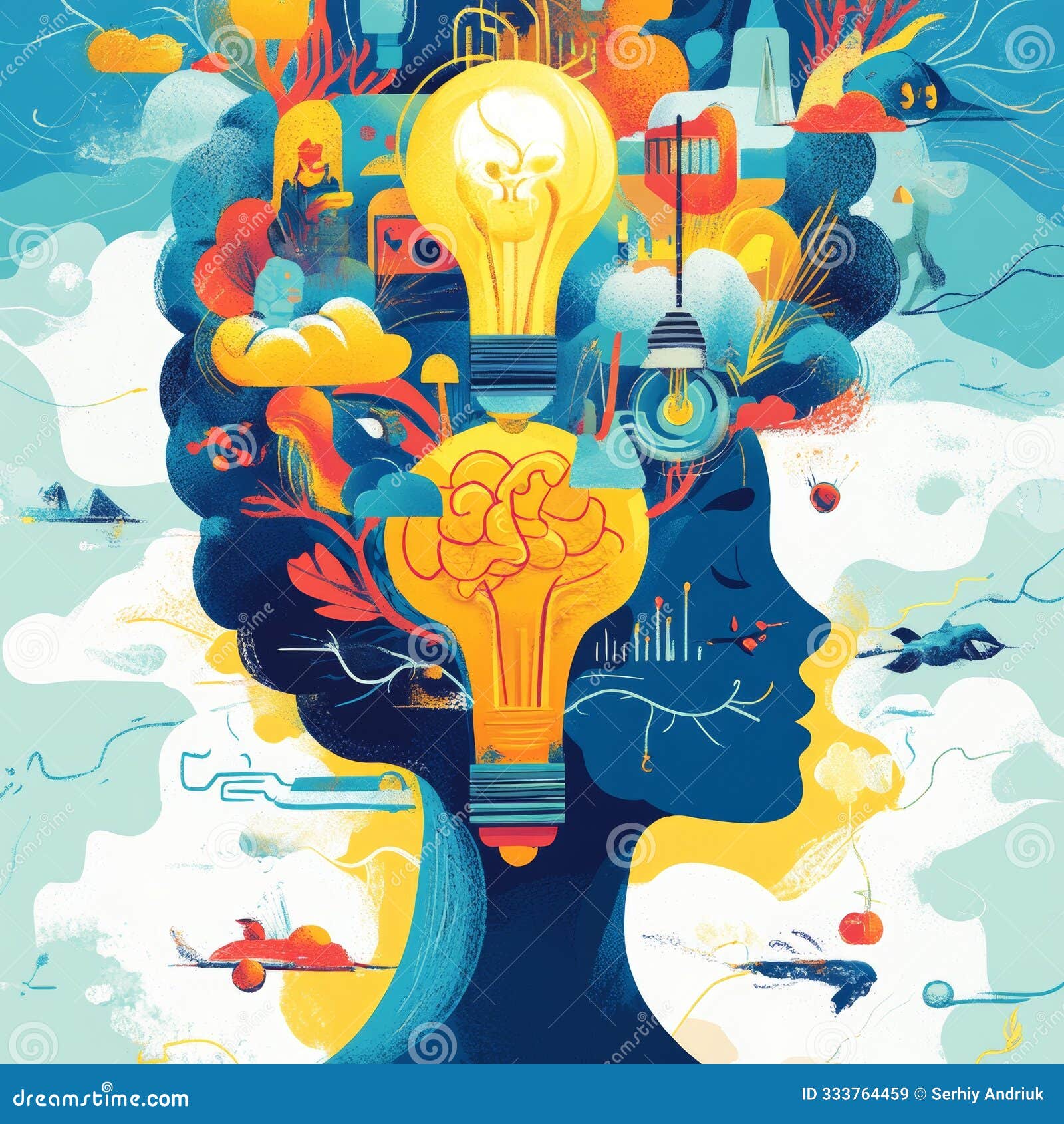 Conceptual Illustration of a Brainstorming Process with Human Head and ...