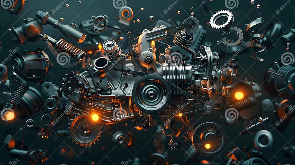 Conceptual Illustration of a Disassembled Car Engine in Exploded View ...