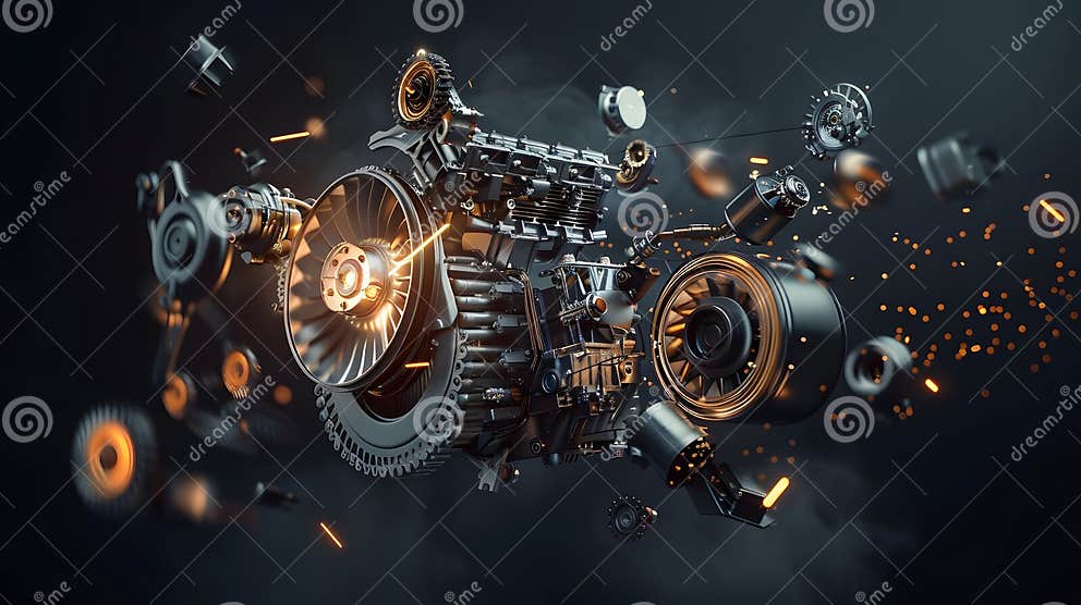 Conceptual Illustration of a Disassembled Car Engine in Exploded View ...
