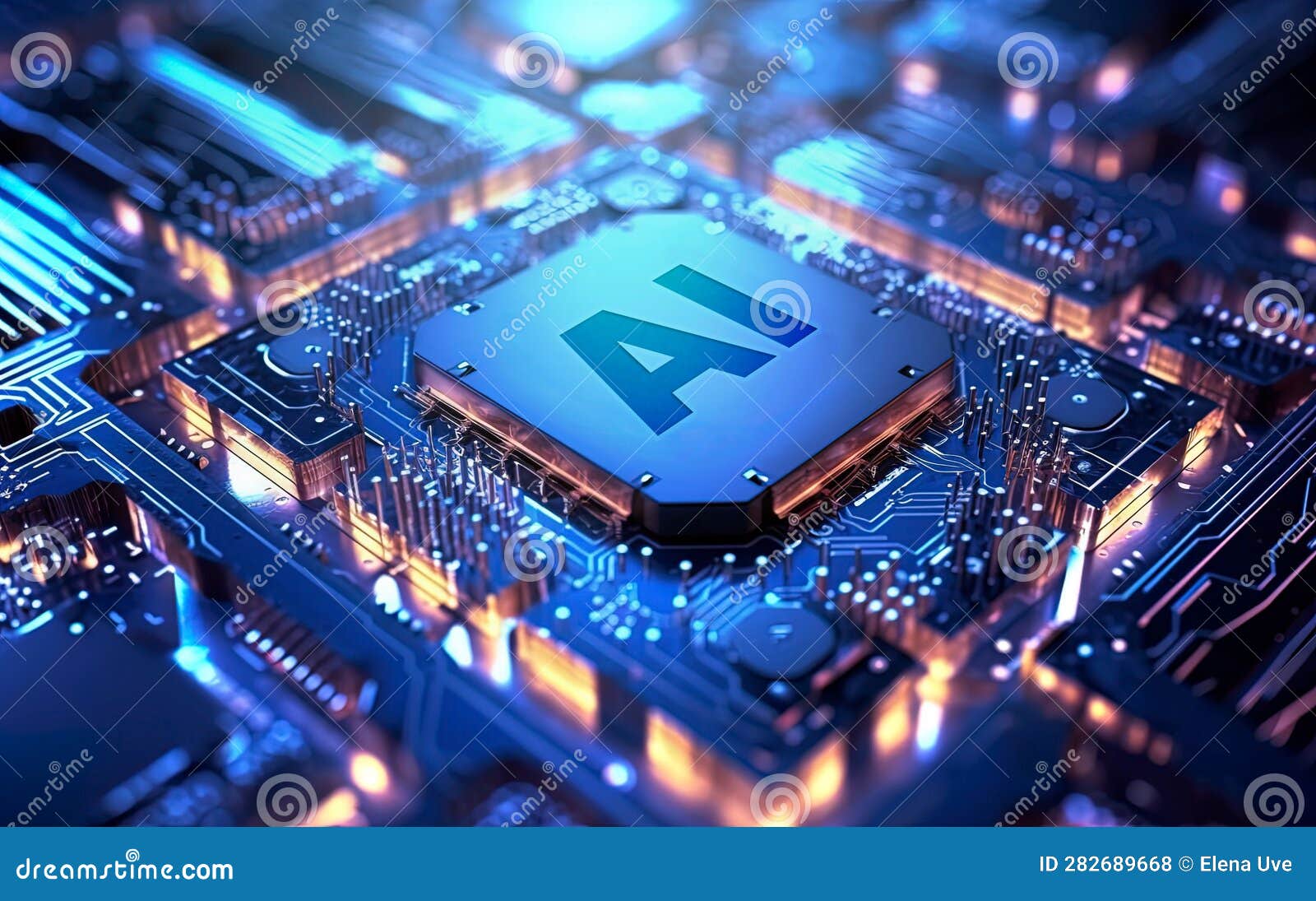 3D CPU AI Design in Blue Tones. Artificial Intelligence Chip. Stock ...