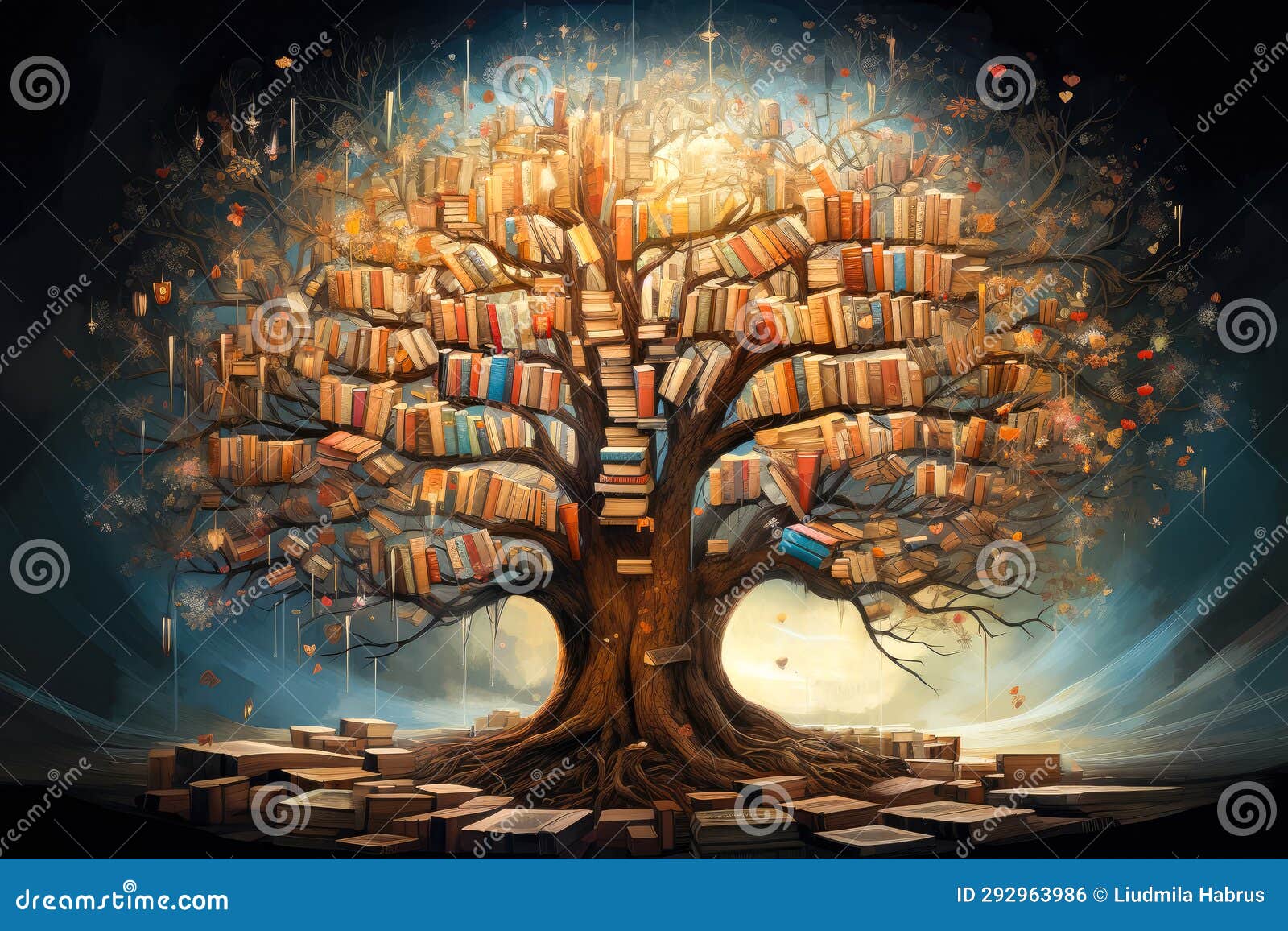 Conceptual Image of Big Tree with Books in the Shape of a Human Head ...