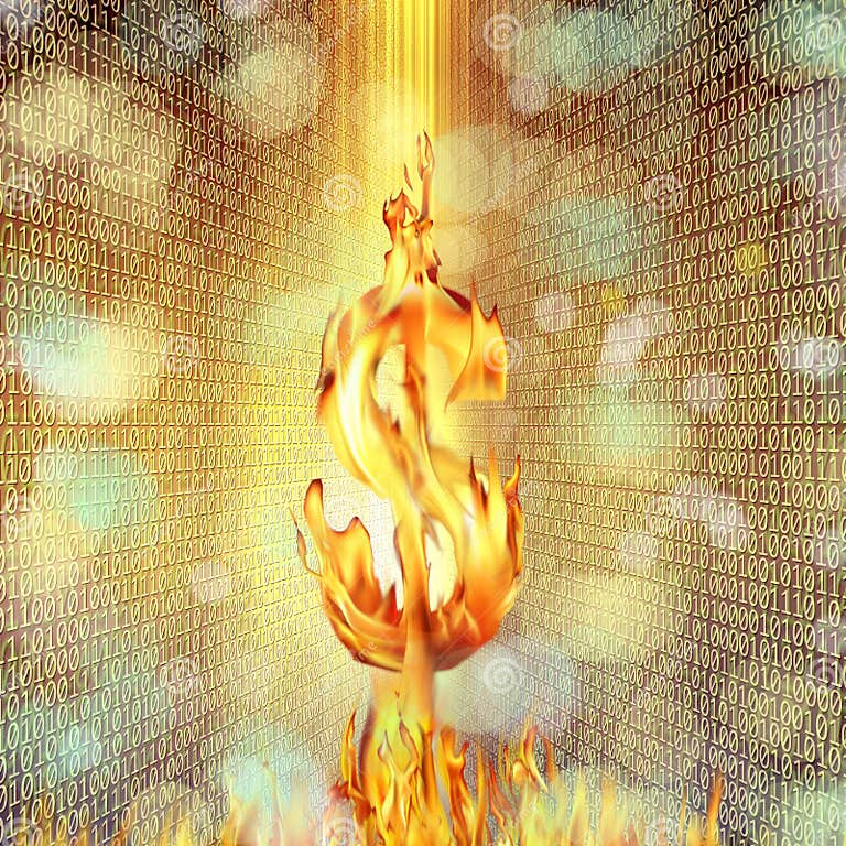 Conceptual Image of Burning Dollar Sign and Fire Flames Over Bin Stock ...