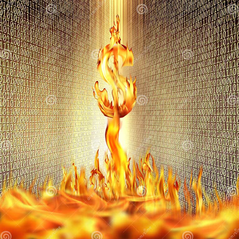 Conceptual Image of Burning Dollar Sign and Fire Flames Over Bin Stock ...