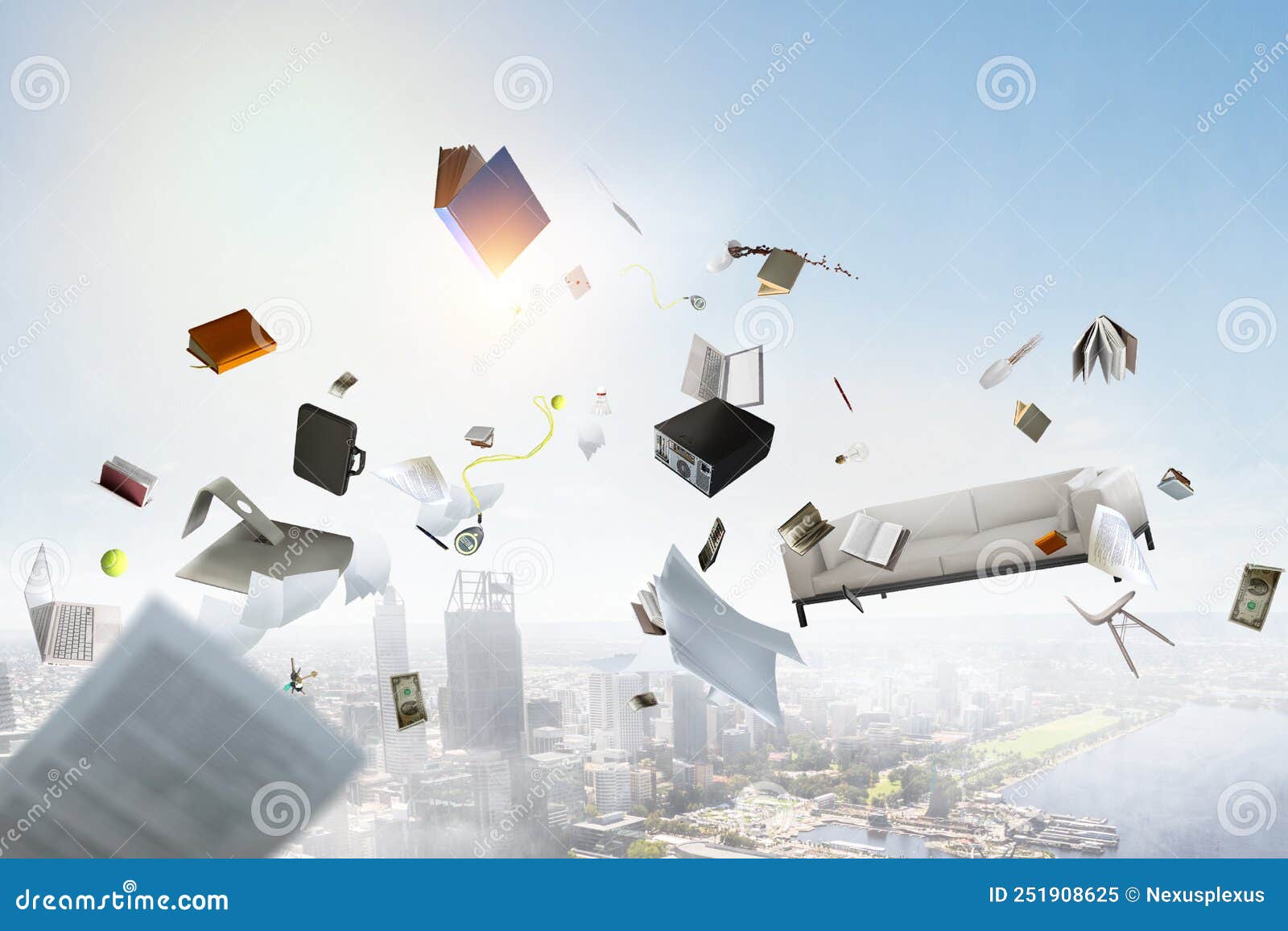 Conceptual Image with Business Items Flying in Air Stock Image - Image ...