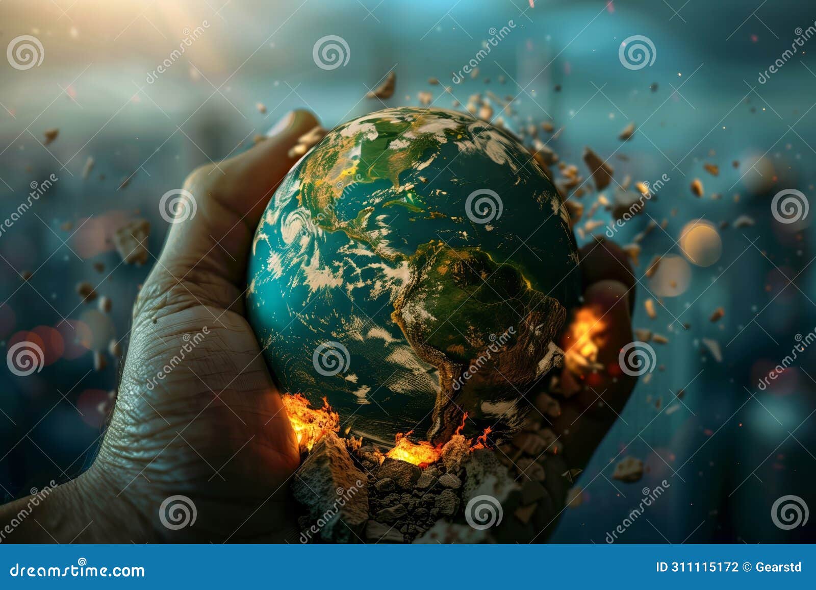 Hand Holding Burning Earth in Apocalyptic Scene Stock Photo - Image of ...
