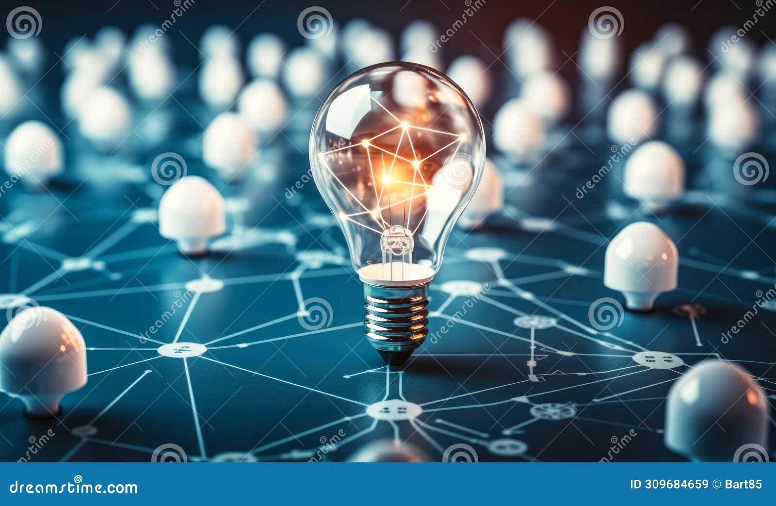 Conceptual Image of a Lone Light Bulb Connected To Multiple White ...