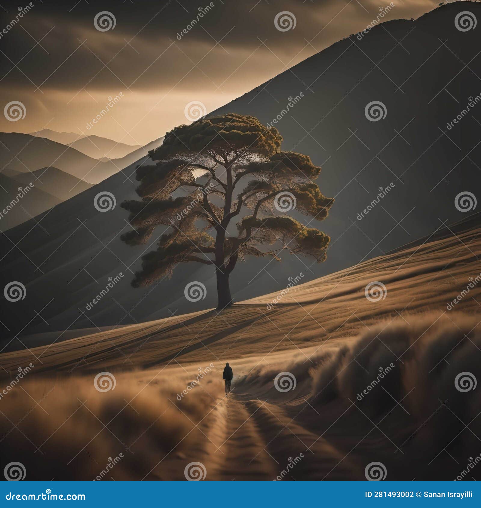 Conceptual Image of a Lonely Man Walking on a Path in the Hills ...