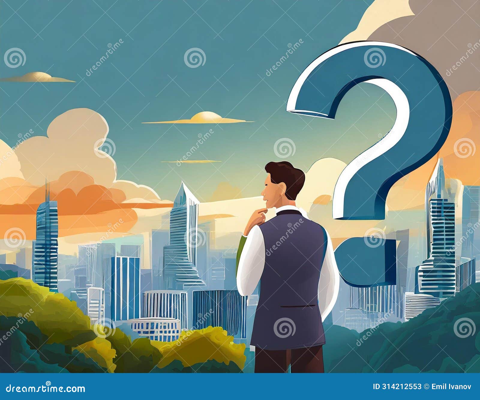 Man Contemplating Decisions while Gazing at Cityscape with Large ...