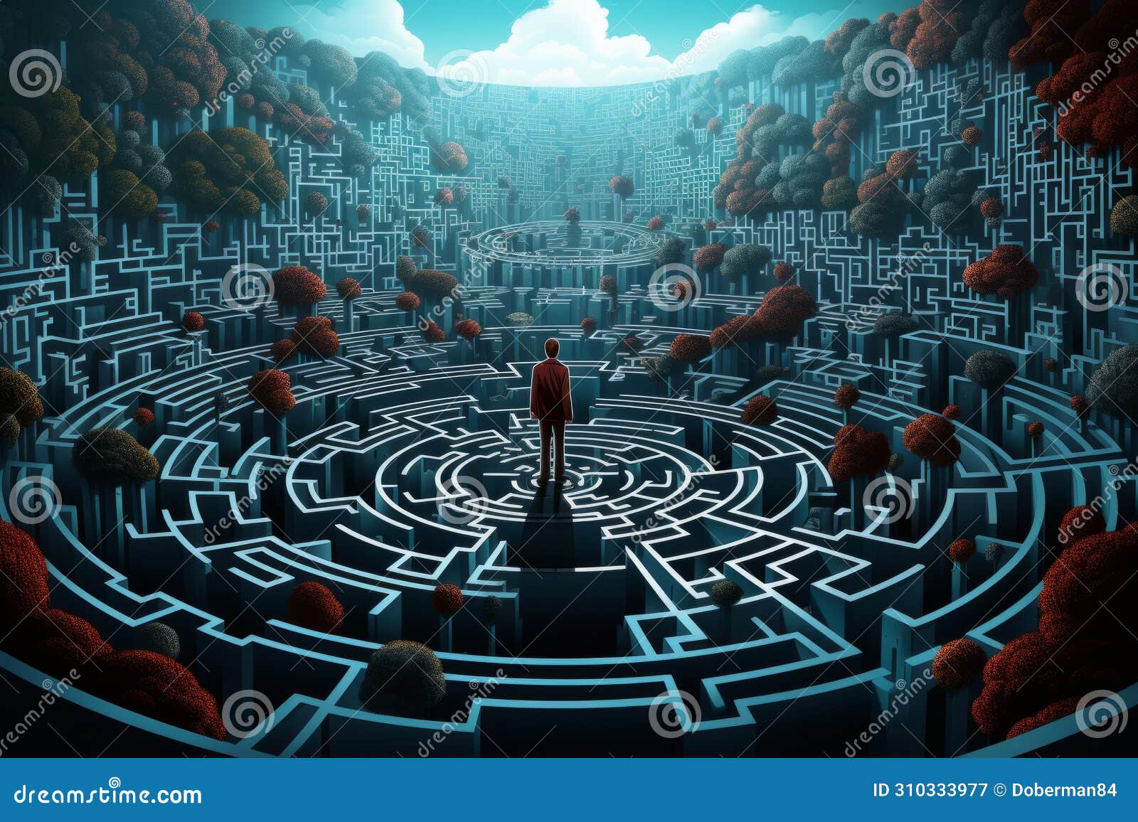 Man at the Center of a Vast, Intricate Maze Surrounded by Autumn Trees ...