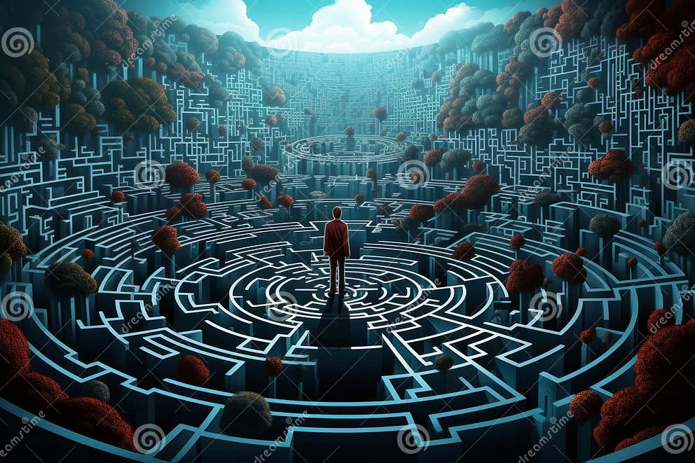 Man at the Center of a Vast, Intricate Maze Surrounded by Autumn Trees ...