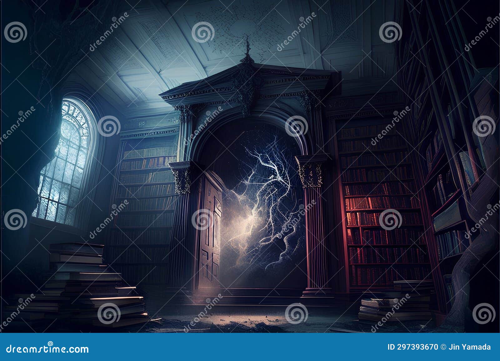 Conceptual Image of an Old School Library with Books and Lightning ...