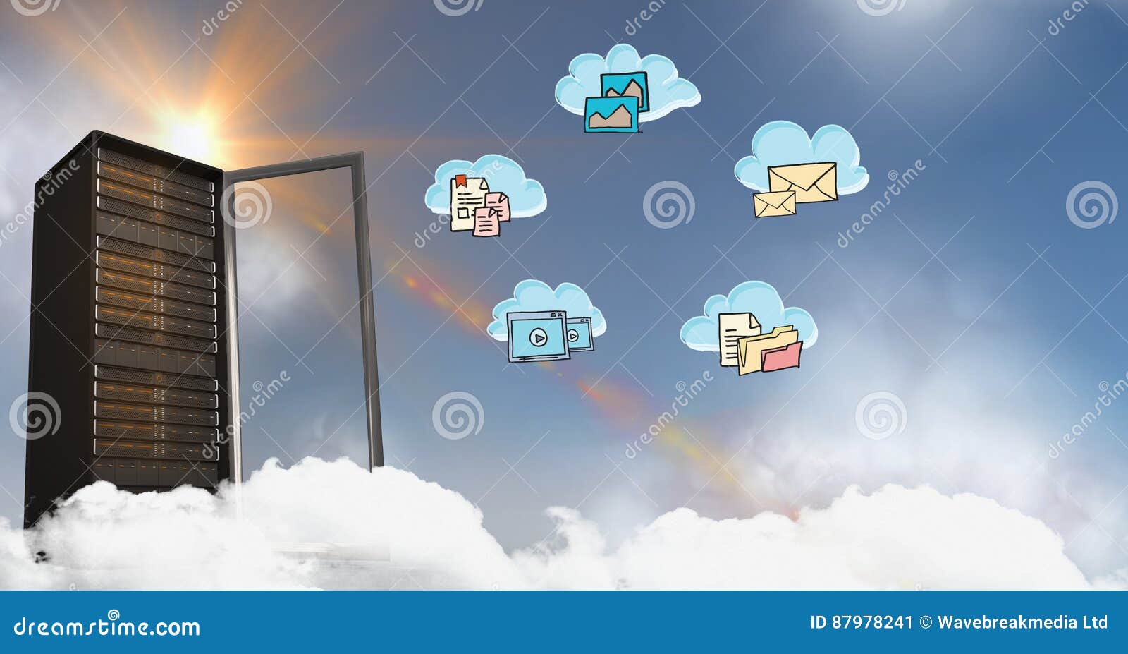 Conceptual Image Showing Servers and Cloud Computing Against Sky Stock ...