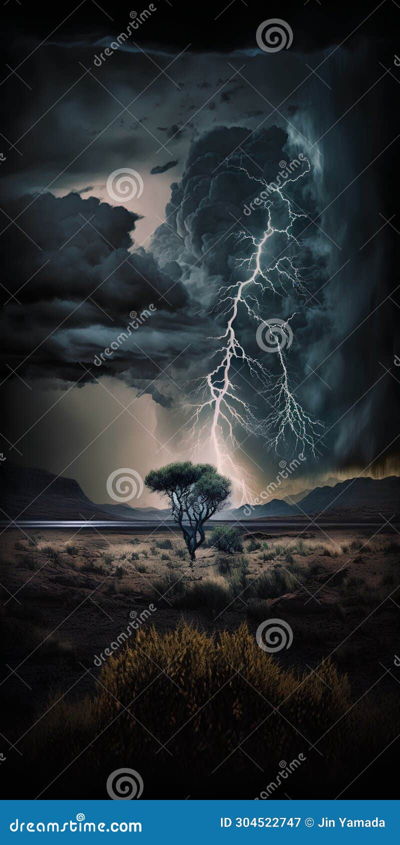 Conceptual Image of Stormy Sky with Lightning Striking a Tree Stock ...