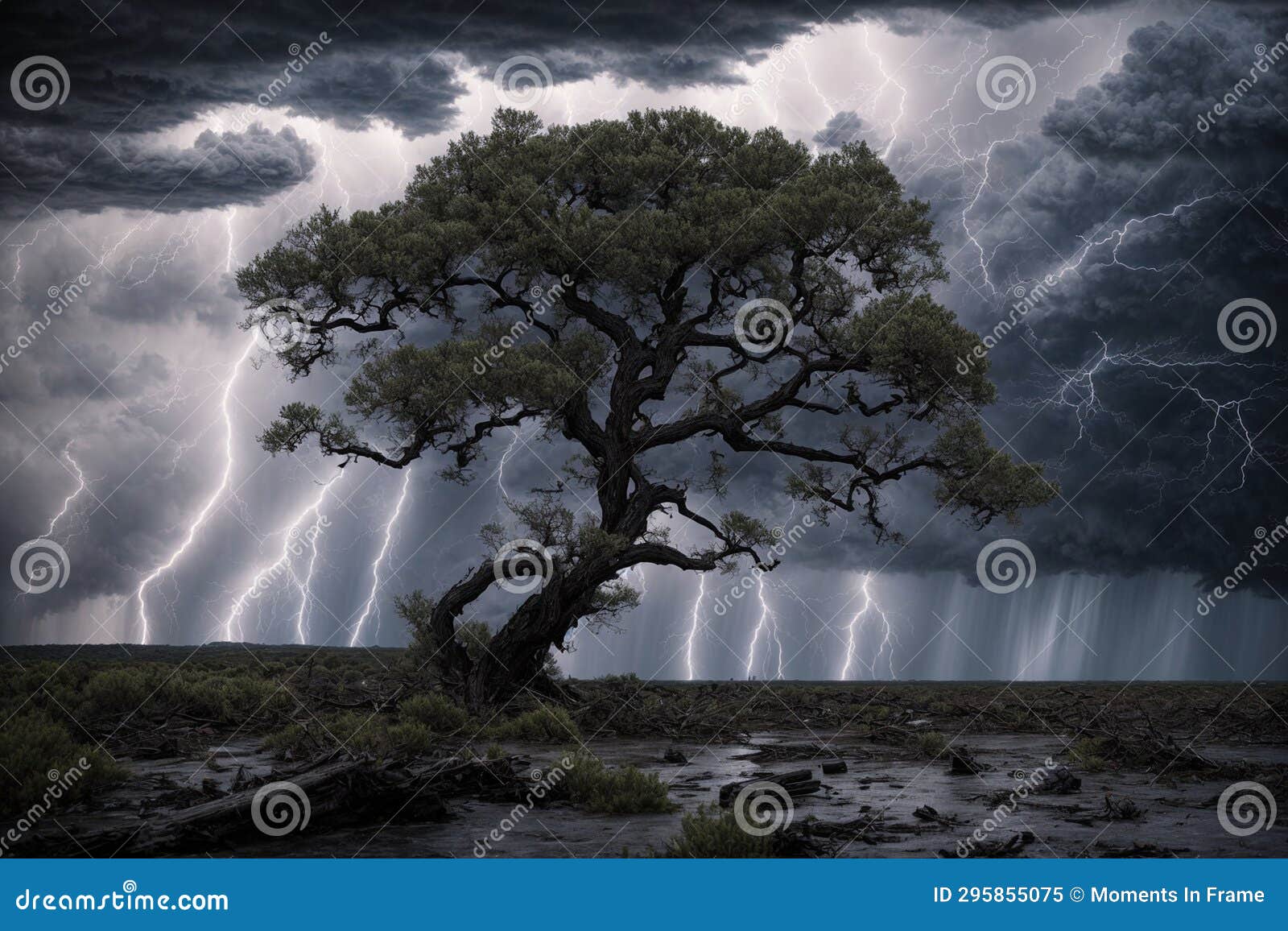 Conceptual Image of Stormy Weather with Lightning Striking a Tree Stock ...