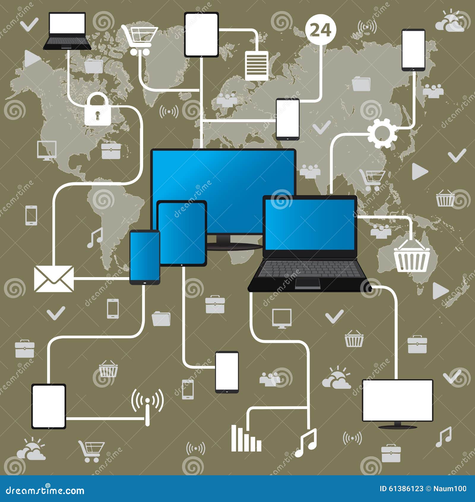 Conceptual Picture of Connection between Gadgets, Icons, Network Stock ...