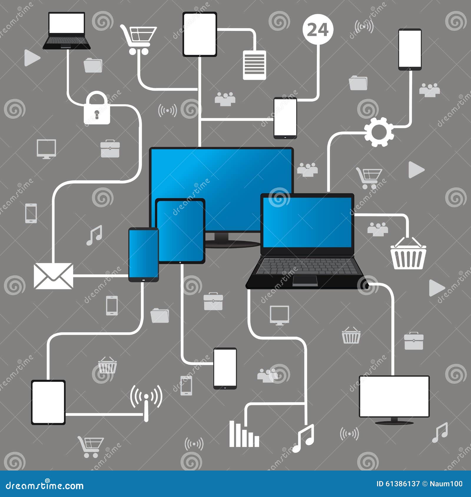 Conceptual Picture of Connection between Gadgets, Icons, Network Stock ...