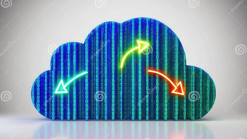 Conceptual Representation of Cloud with Binary Code Streams and Glowing Arrows Indicating Data ...