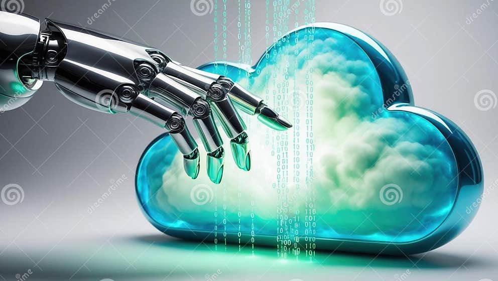 Conceptual Representation of Robotic Hand Uploading Data into Glowing Cloud, with Streams of ...