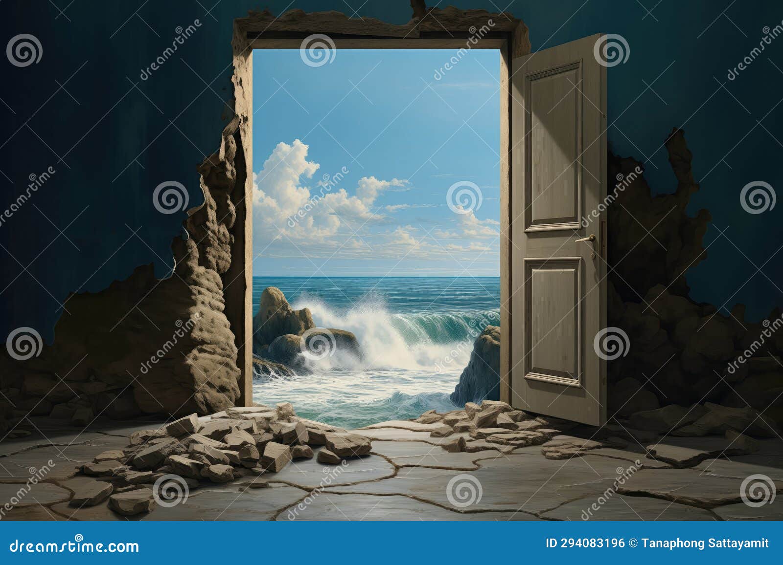 Conceptual Scene with Open Door To the Sea or Ocean Stock Illustration ...
