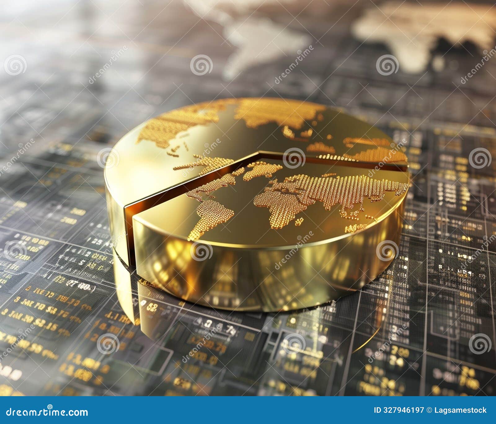 A Conceptual Shiny Gold Pie Chart Against Backdrop of World Stock ...