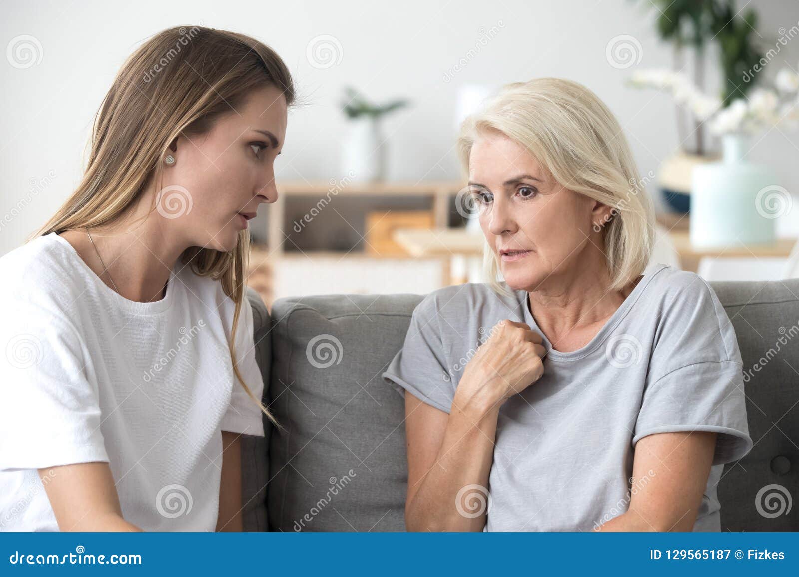 Concerned Aged Mom And Adult Daughter Talk At Home Stock Image Image