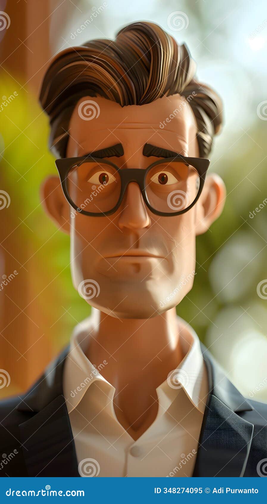 A Concerned Animated Man in a Suit with Glasses, Set Against a Blurred ...