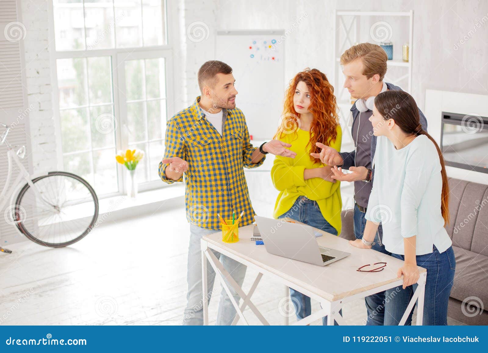 Concerned Four Colleagues Disputing Problem Stock Image - Image of ...