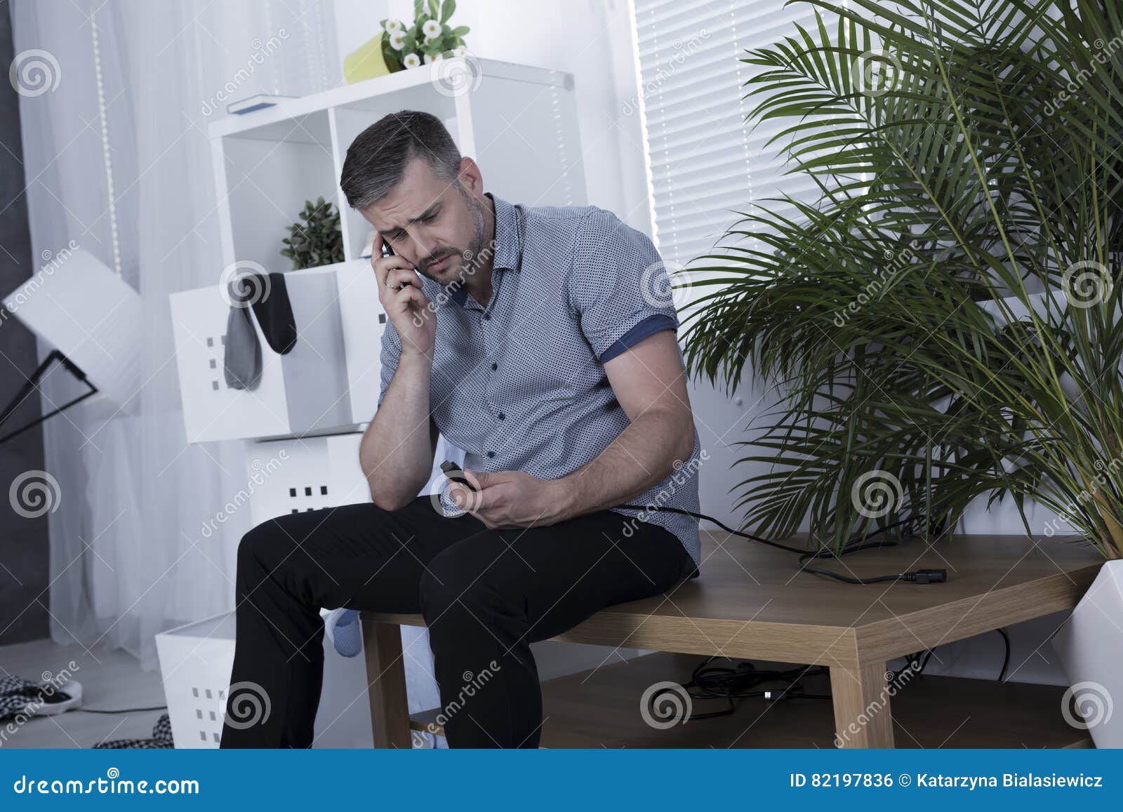 Concerned Man Calling Police Stock Photo - Image of middle, cable: 82197836