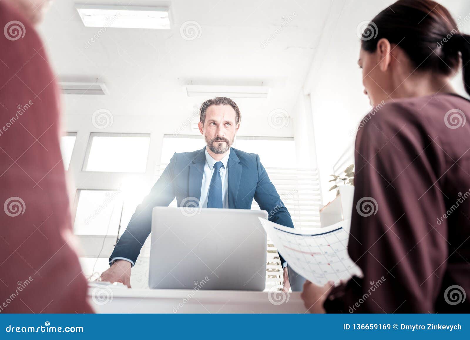 Concerned Three Colleagues Having Trouble Stock Image - Image of male ...