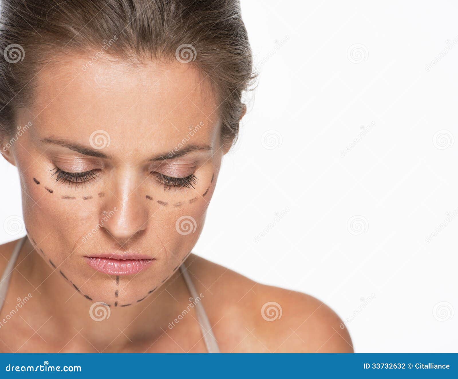 Concerned Woman with Plastic Surgery Marks on Face Stock Photo - Image ...