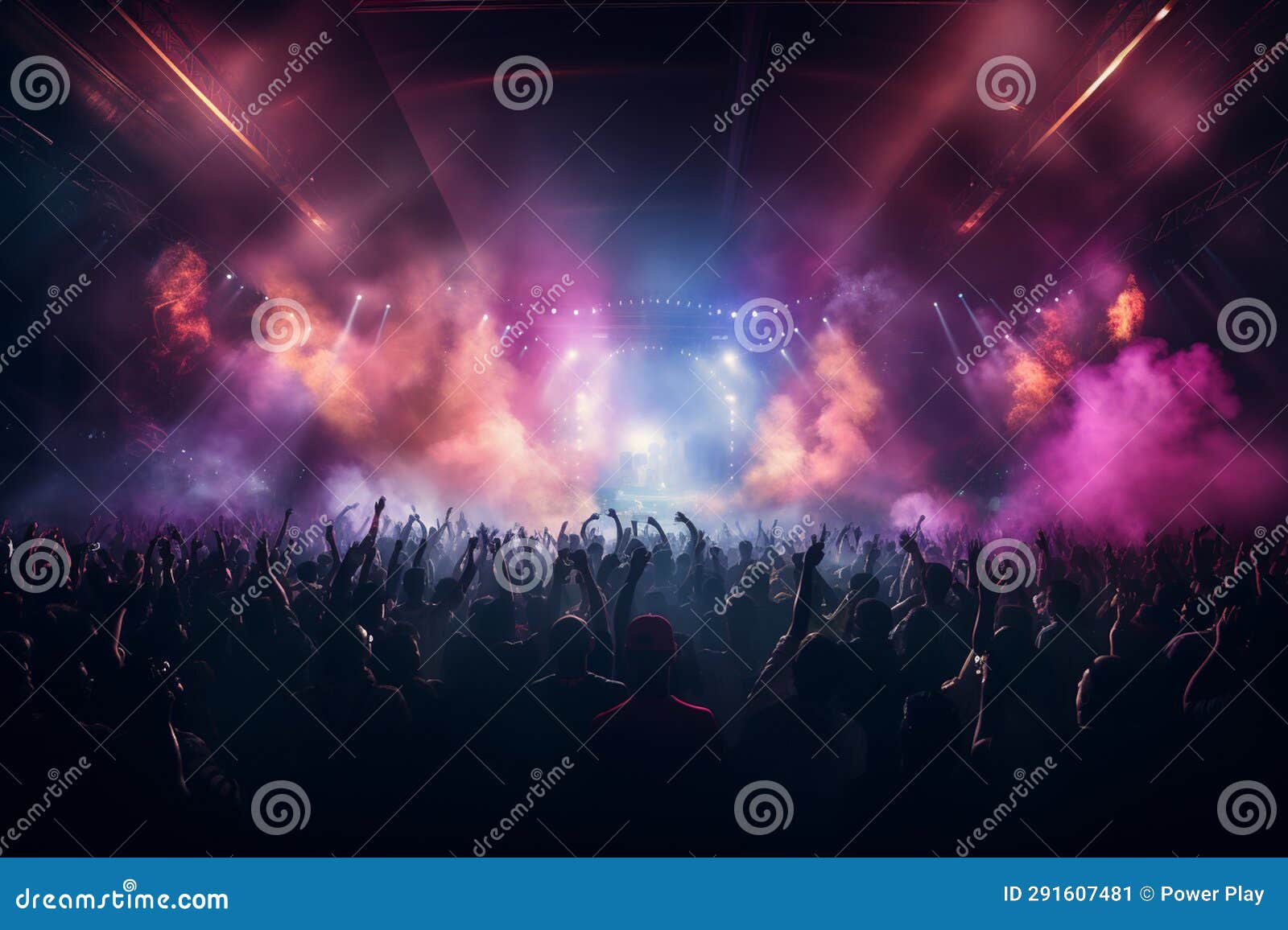 Concert Crowd in Front of a Bright Stage with Lights and Smoke Stock ...
