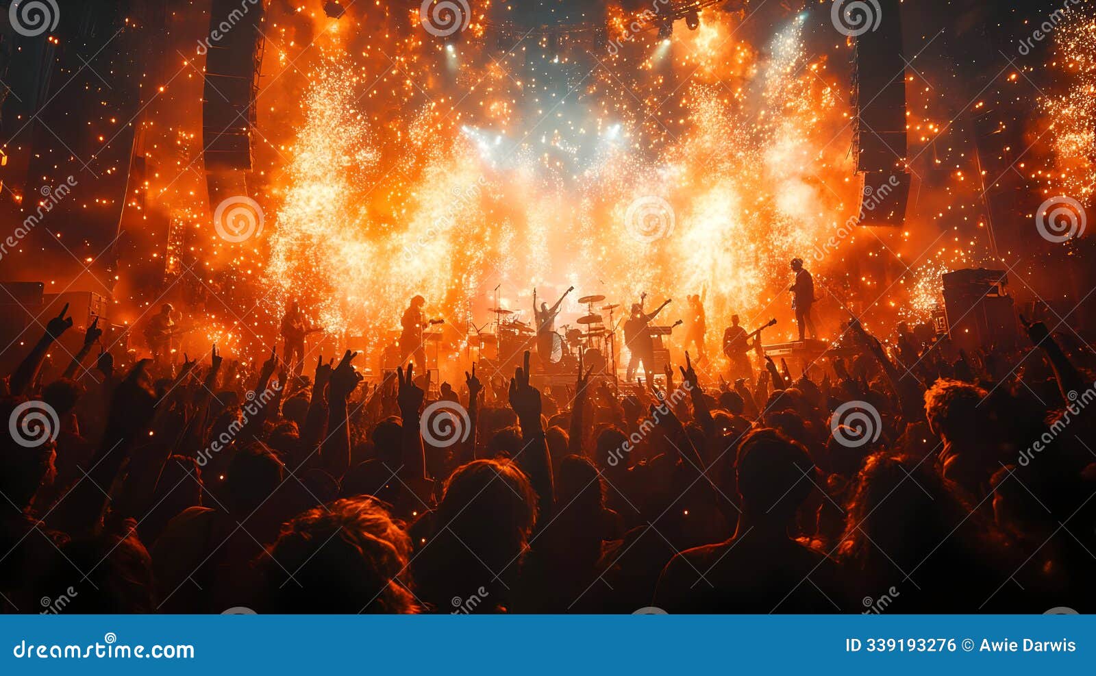 Concert Crowd Silhouettes with Fireworks Photo Stock Photo - Image of ...